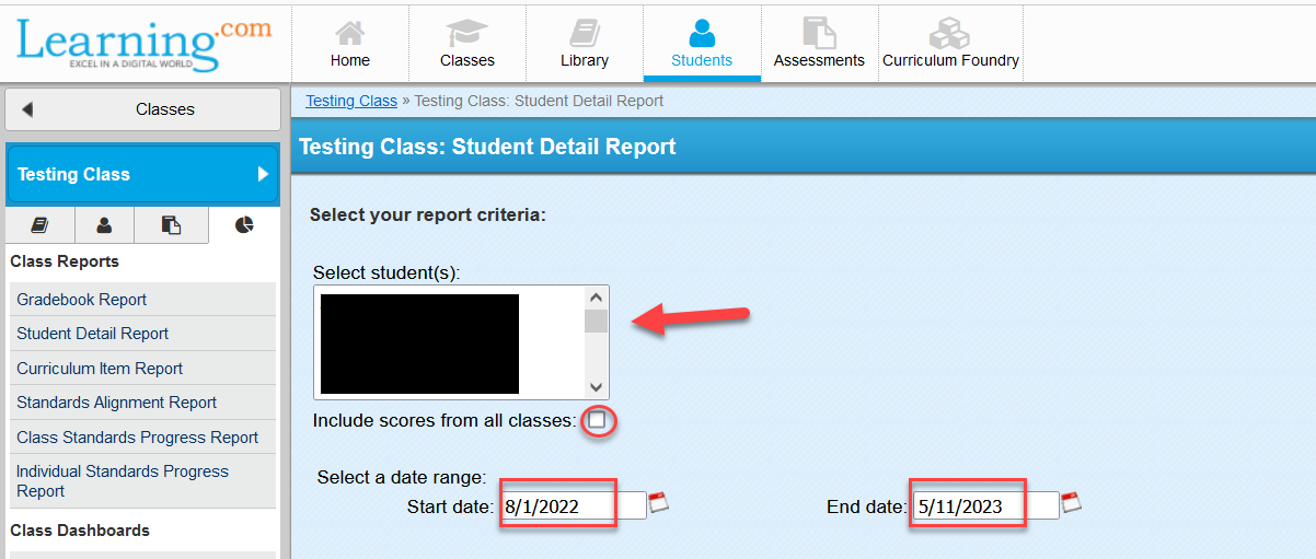 Student Detail Report via Original Platform